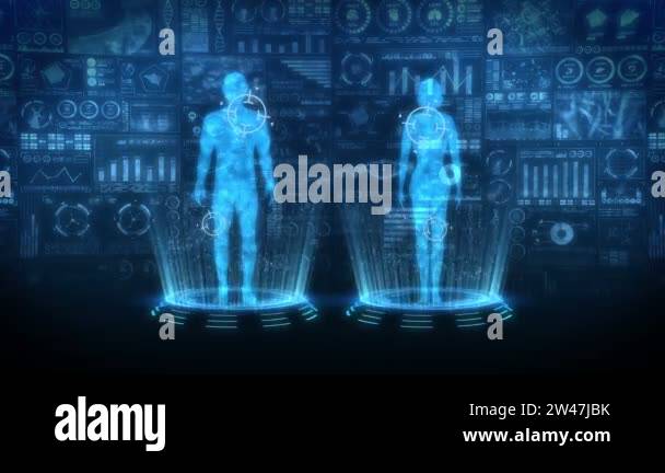 Man and woman virtual body. Human medical hologram animation. Graph ...
