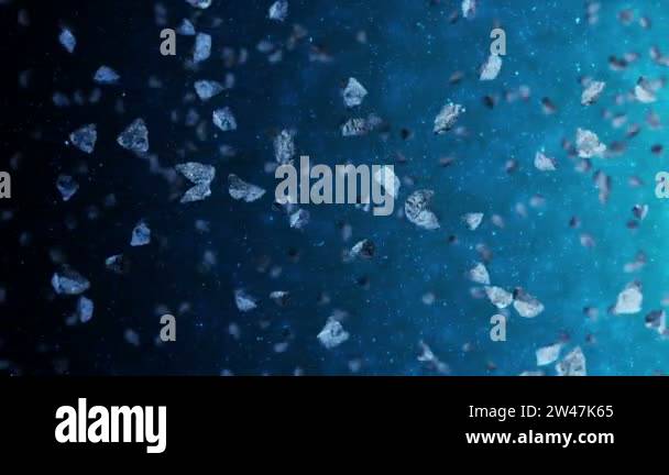 Flying many asteroids in deep space background. Broken splash explosion ...