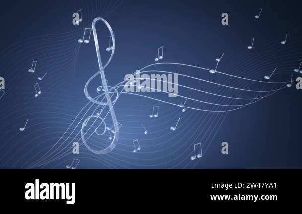 Rotating Musical Notes and Treble Clef on the blue background, loop ...