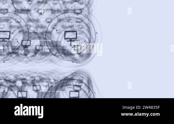 Network community. Remote work concept. Desktop PC and Laptops. Loop ...