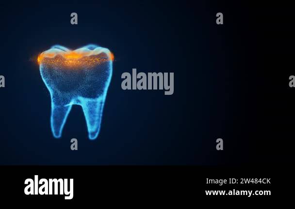 Isolated rotating tooth costructed with glowing points and orange ...