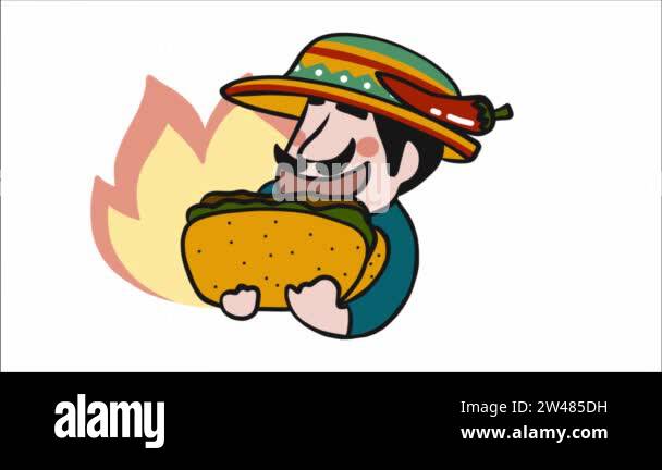 cartoon man eating large taco with animated chili pepper and fire Stock ...
