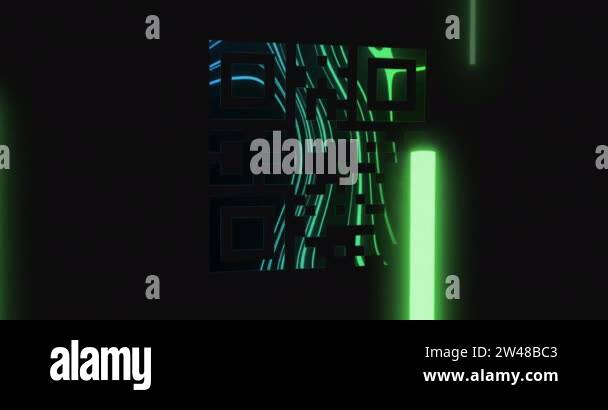 Animation of glowing green and blue QR code being scanned on black ...
