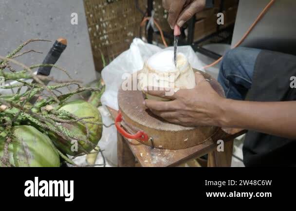 Peeling Thai coconut skin in the traditional way. Which keeping coconut ...