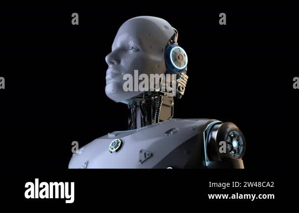 3d rendering cyborg look up or turn face on black background 4k footage ...