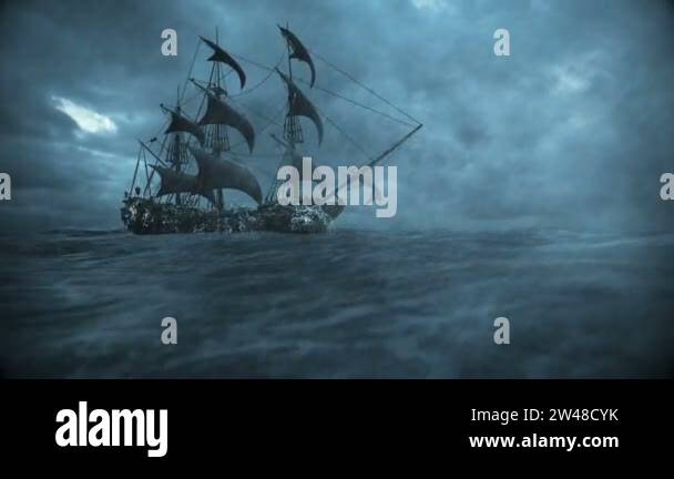 ship sailing in the ocean in a storm with rain and lightning, 3d ...