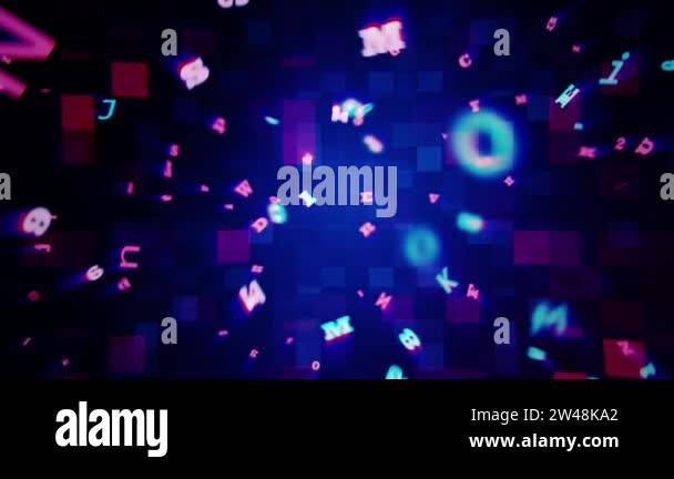 English letter alphabet flying with digital futuristic grid background ...