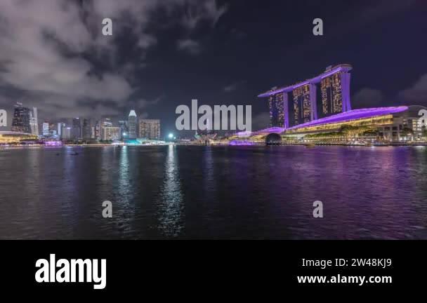 Beautiful laser and musical fountain show at the Marina Bay Sands waterfront in Singapore night ...