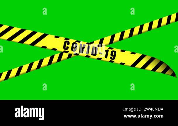 COVID-19 warning Black and Yellow ribban on isolated green background ...