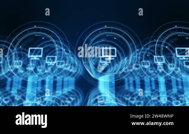 Network community. Remote work concept. Desktop PC and Laptops. Loop ...