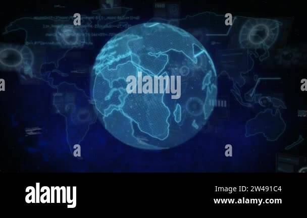 Composition of data processing on screens over globe and world map. global connections, digital ...