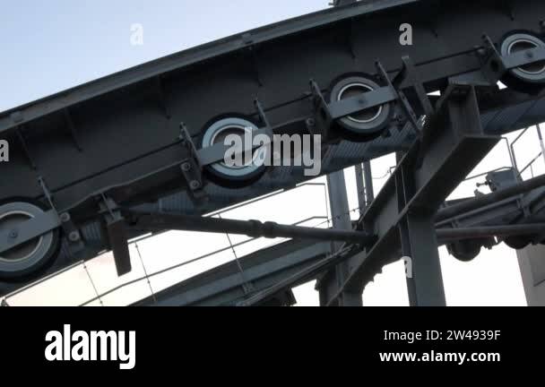 4K. Mechanism or system of a running cable car. Pulleys Lift. Dubrovnik ...