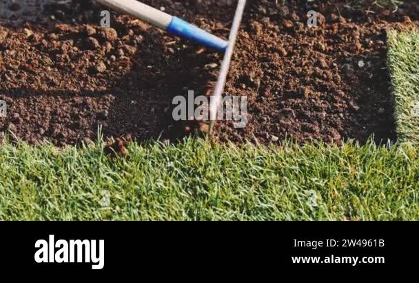 Gardener Grading Out Soil With A Rake. SLOW MOTION. Unrecognizable ...
