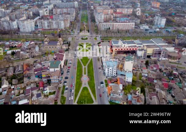 Central street in post Soviet European Russian or Ukrainian city with ...