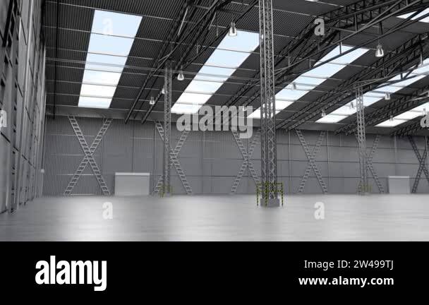 Empty warehouse with roof windows and several pillars - 3D 4k animation ...