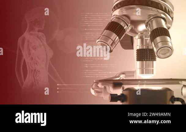 Concept for healthcare with electronic microscope on red background ...