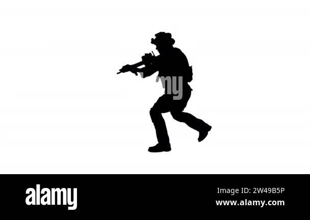 Soldier taking lying position and aiming at a target from automatic ...