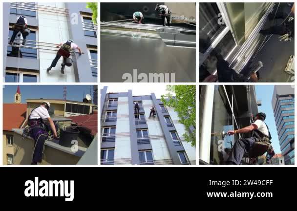 Window Washers Cleaning An Office Building Exterior. Industrial ...