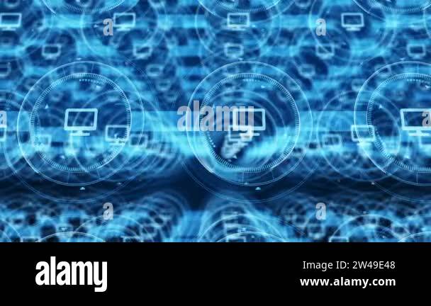 Network community. Remote work concept. Desktop PC and Laptops. Loop ...