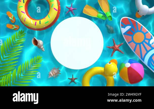 Colorful beach and pool objects floating in blue pool water 3D animated ...