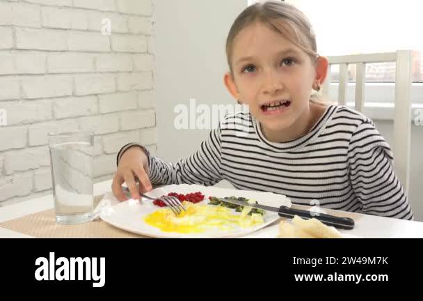 Sick Child Couldn't Eat Breakfast in Kitchen, Kid Looking Food Meal ...