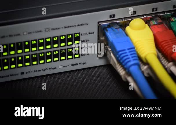 Detail of lights and connections cables Lan rj45 on network server ...