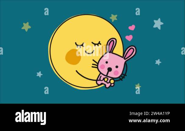 cartoon mon with smiley face hugging pink rabbit with animated hearts ...