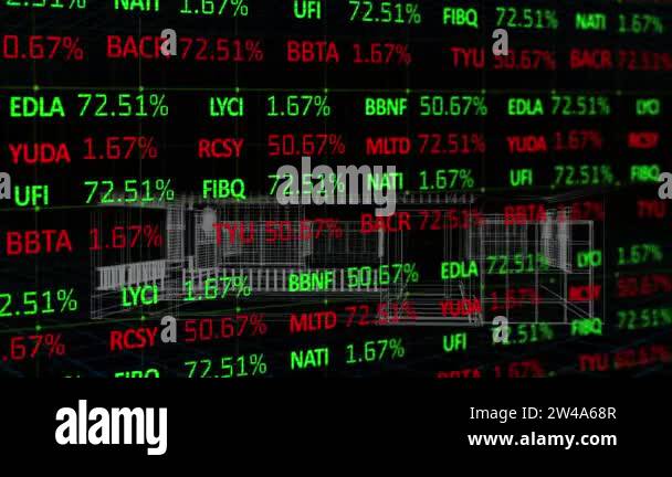 Digital animation of Stock market data processing over 3D house model spinning against black ...