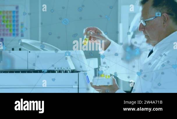 Animation of charts and graphs floating over a view of a male ...