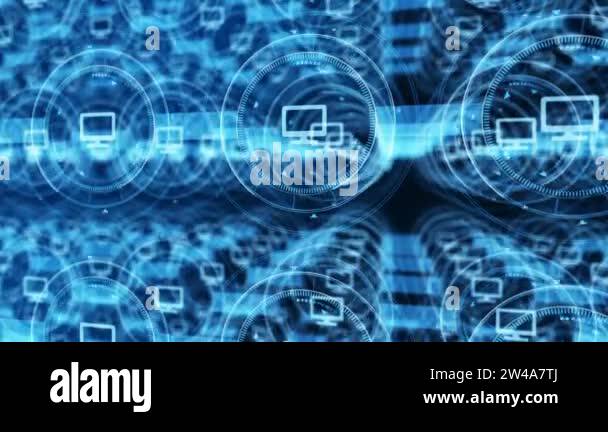 Network community. Remote work concept. Desktop PC and Laptops. Loop ...