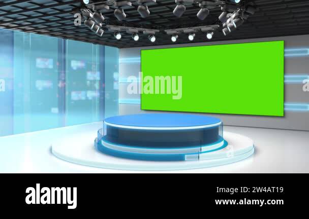 Tv studio. News room. Blye and red background. General and close-up ...