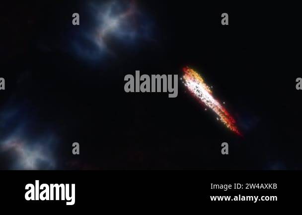Abstract many glowing particles moving and transform into spiral galaxy ...