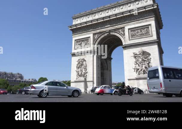 Paris Car Traffic on Champs Elysees by Triumph Arch, People Tourists ...