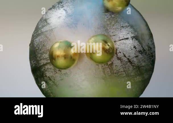 golden spheres roll over the surface of a large silvery sphere. looped ...