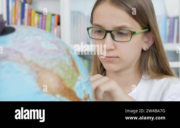 Kid Studying Earth Globe, Child in School Class, Girl Learning in Classroom, Student, Schoolgirl ...