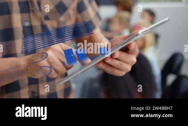 Animation of digital interface with graphs and data moving over mid ...