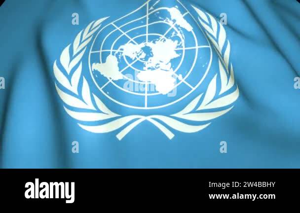 Waving blue flag with United Nations emblem, white logo, 4k, loop ...