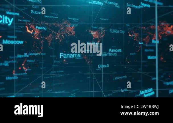 3D animation of an abstract space with a world map and all the world's ...