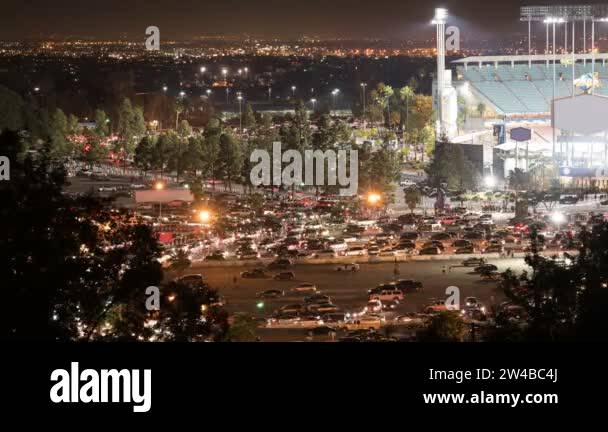 Parking Lot Car Traffic and Los Angeles Dodger Stadium Night Time Lapse ...