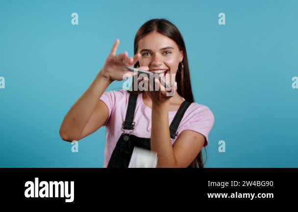 Pretty woman with happy face scatters, waste money. Girl overspend US ...