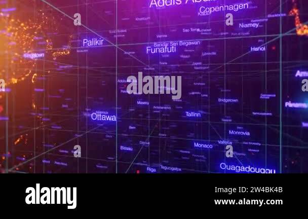 3D animation of an abstract space with a world map and all the world's ...