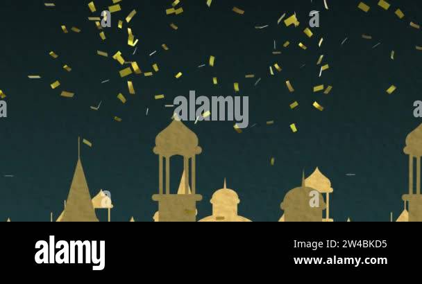 Animation of golden arabic style rooftops, moon, lamps and stars with ...