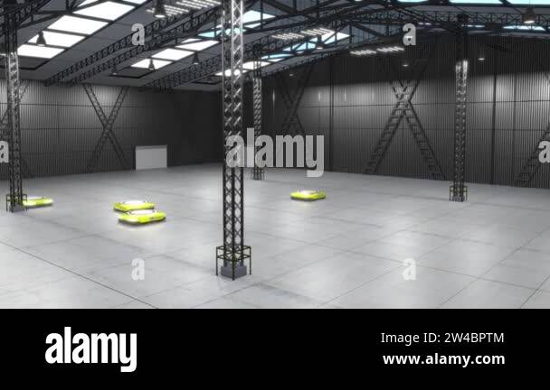 Yellow Autonomous Robots Moving In Warehouse Artificial Intelligence Logistics Shipping