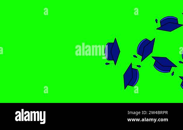 2D vertical animation of falling graduation caps on a green screen ...