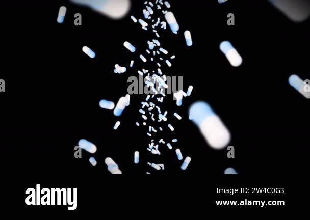 Flying many medical capsules on black background. Medicine and ...