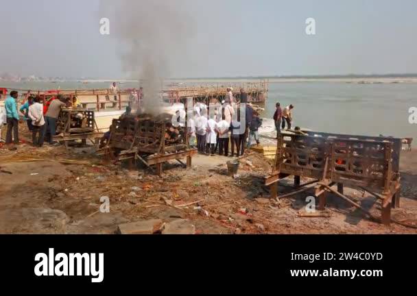 Varanasi, India - Circa November 2019. Harishchandra Ghat is one of the ...