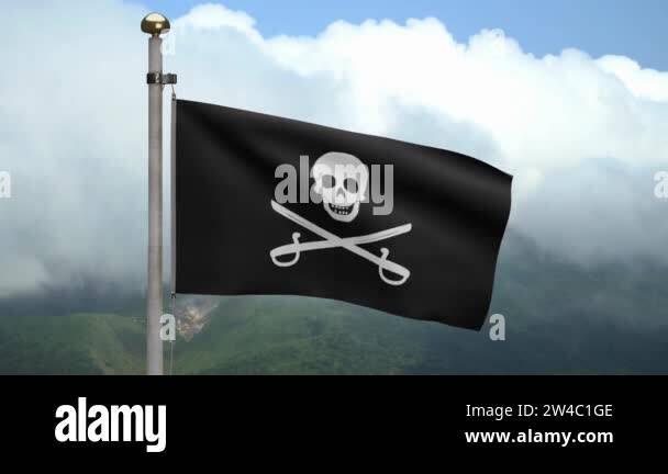 3D, fabric texture of the pirate skull with sabers flag waving in wind ...