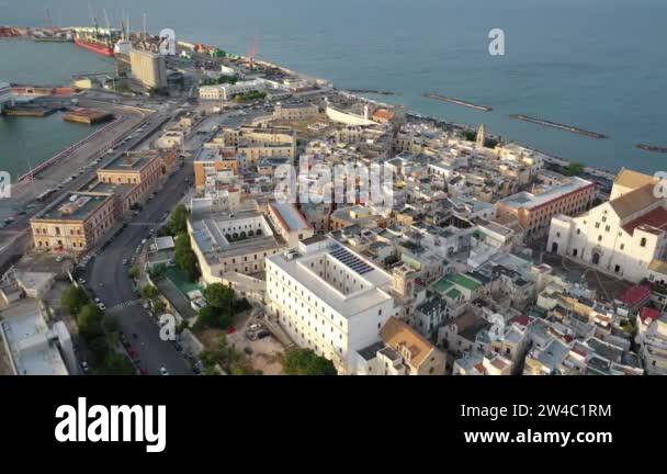 Beautiful panoramic aerial 4K video from flying drone at sunset to Bari ...