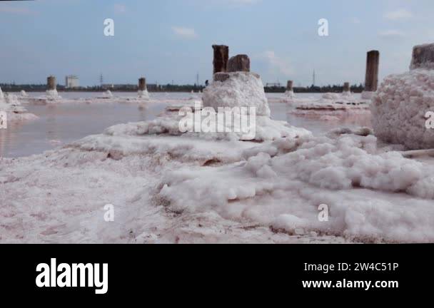 Drying Kuyalnik estuary. Crystals of self-precipitating salt on old ...