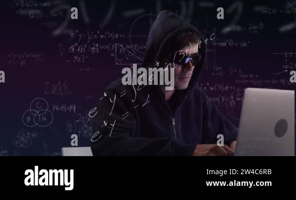 Animation of mathematical equations floating over Caucasian male hacker ...